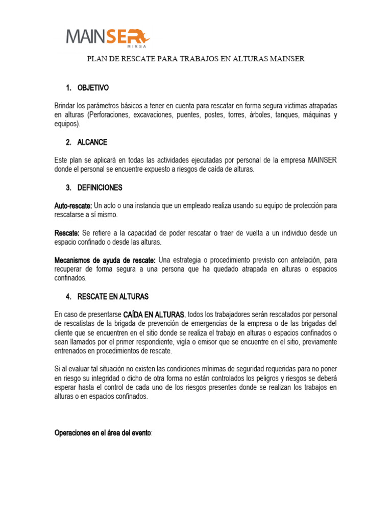 Plan de Rescate en Alturas MAINSER | PDF
