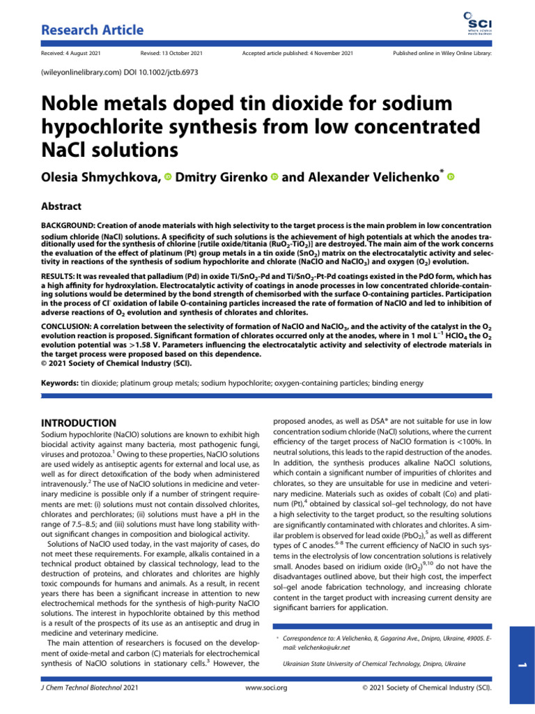 Noble metals doped tin dioxide for sodium hypochlorite synthesis from ...