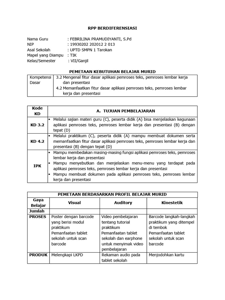 RPP TIK: Pembelajaran Microsoft Word | PDF