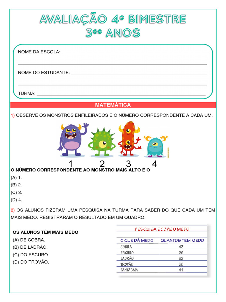 AVALIAÇÃO FINAL 3o ANO Mat | PDF AVALIAÇÃO FINAL 3o ANO Mat | PDF