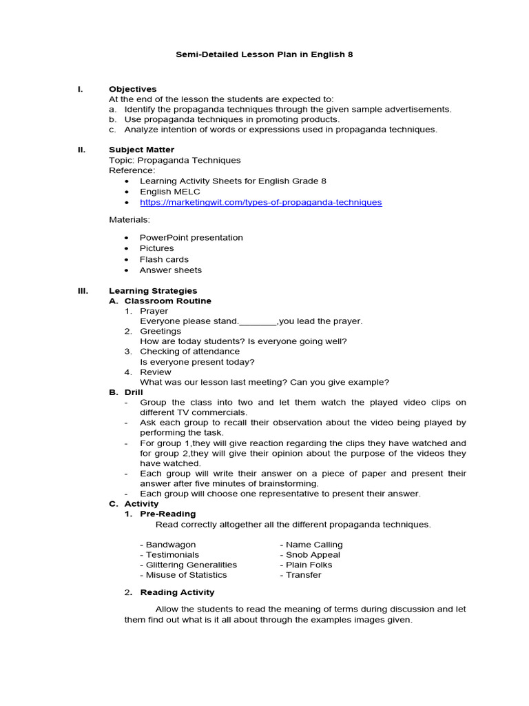 Semi-Detailed Lesson Plan in English 8 | PDF