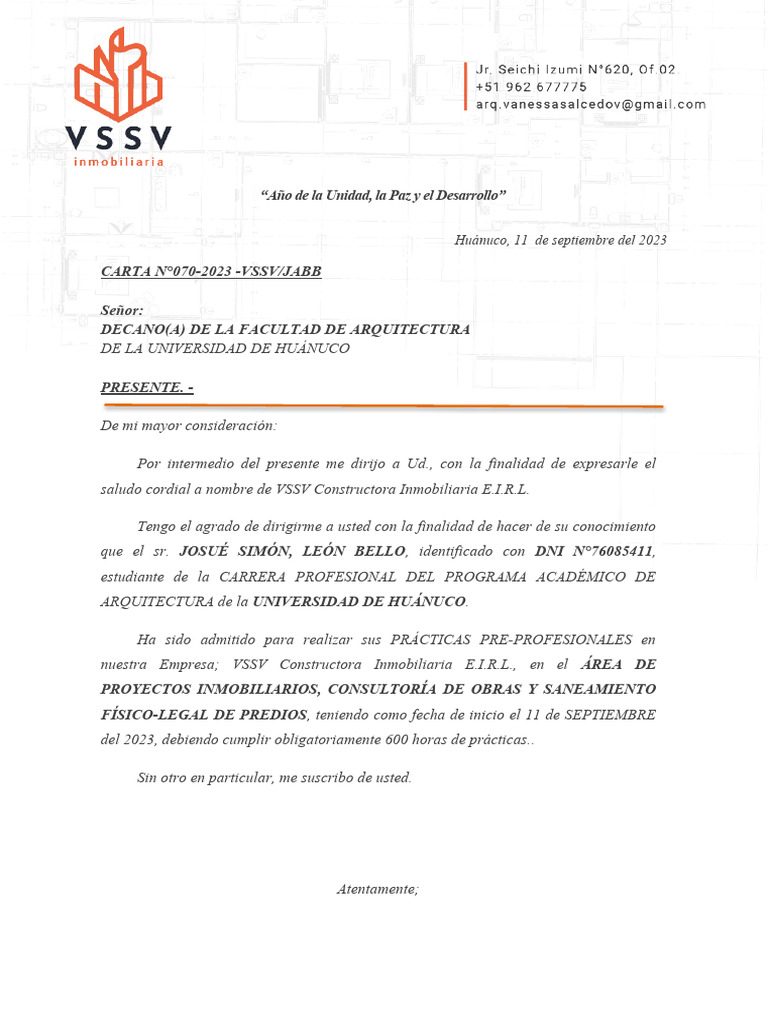 CARTA DE ACEPTACION VSSV-JOSUE LEON | PDF