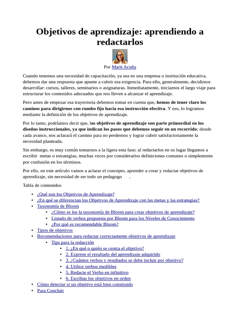Objetivos de aprendizaje: aprendiendo a redactarlos | PDF