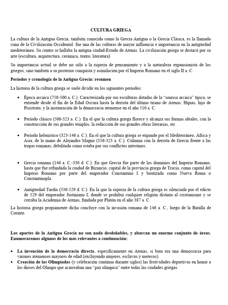 Cultura y Aportes de la Antigua Grecia | PDF