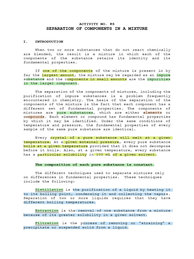 Chemistry Lab: Mixture Separation | PDF
