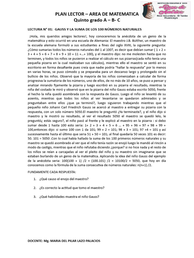 Plan Lector - 5to - Matematica 2023 | PDF