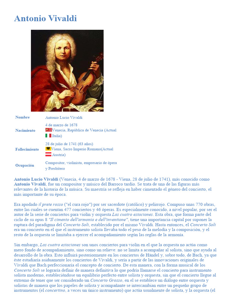 Biografía de Antonio Vivaldi: Compositor Barroco | PDF