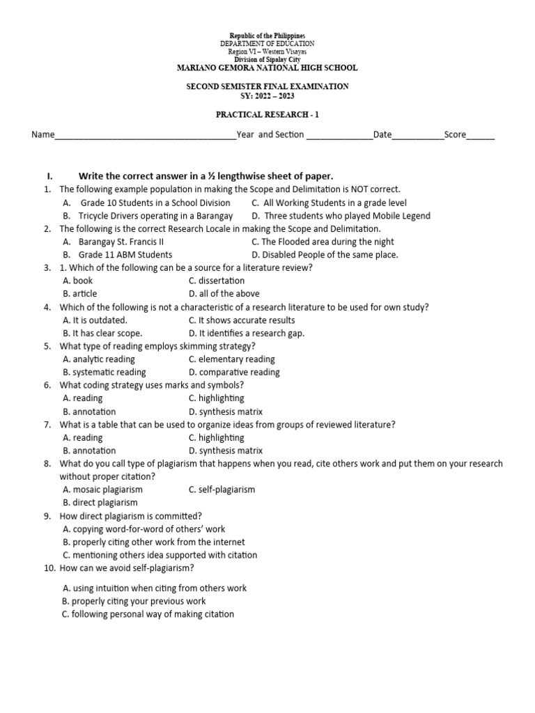 Practical Research 1 2ND Sem Exam | PDF
