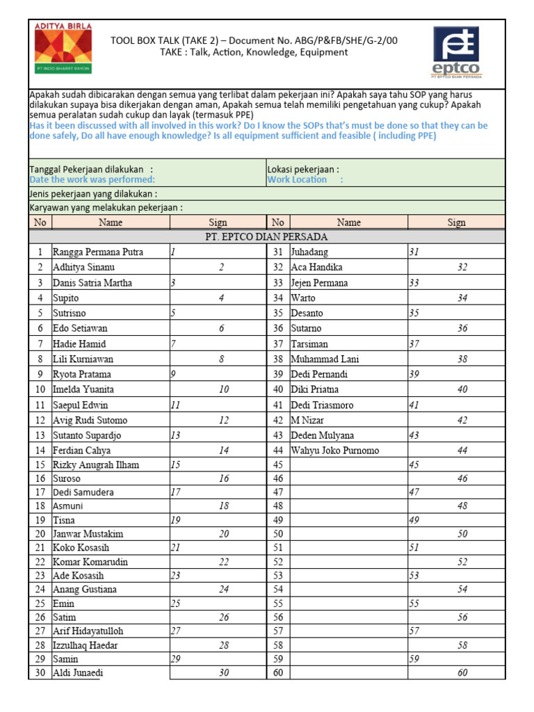 Attendance List Form Employee Daily TBT.07.23 | PDF