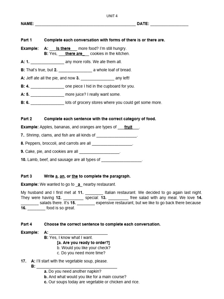 Unit4 Test Download Free Pdf Waiting Staff Nutrition