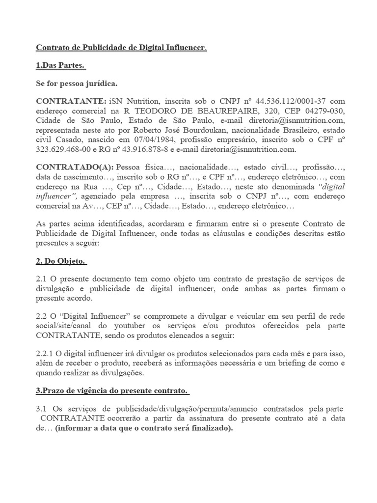 Contrato de Publicidade de Digital Influencer | PDF