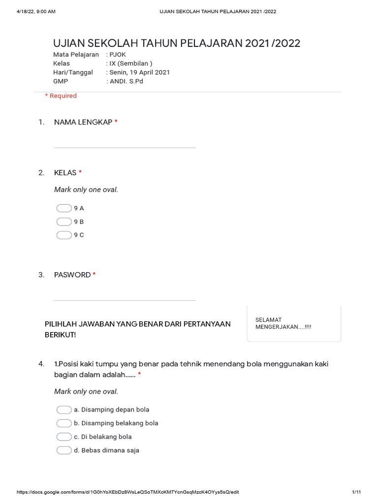 Soal Us Pjok Kelas Ix - Google Forms | PDF
