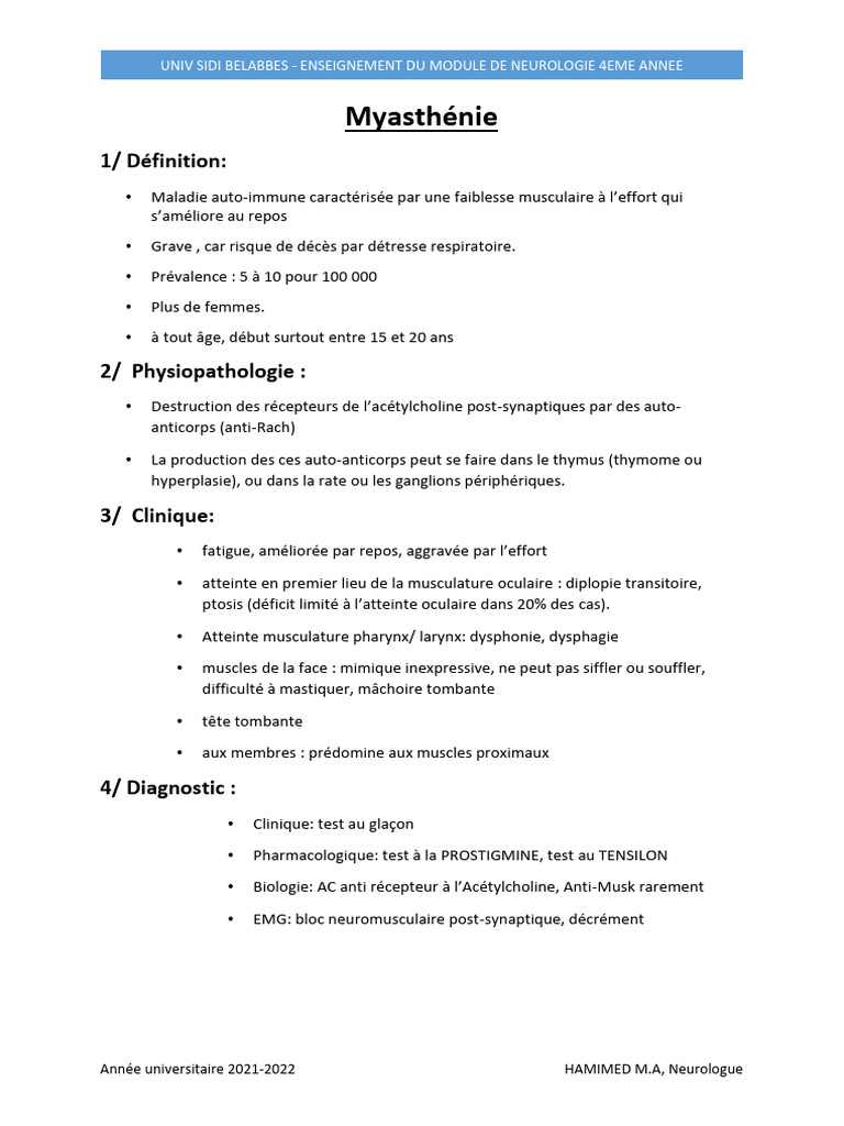 Tests Diagnostiques Myasthénie | PDF