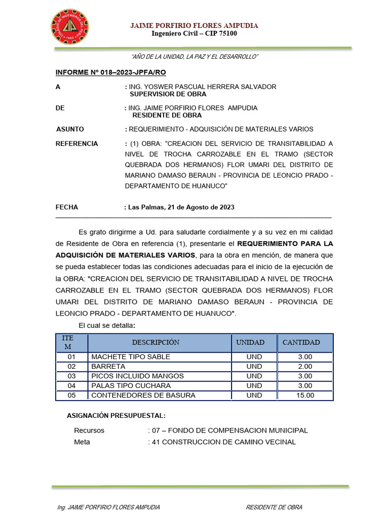 Informe #018-2023-Jpfa - Requerimiento de Materiales Varios | PDF