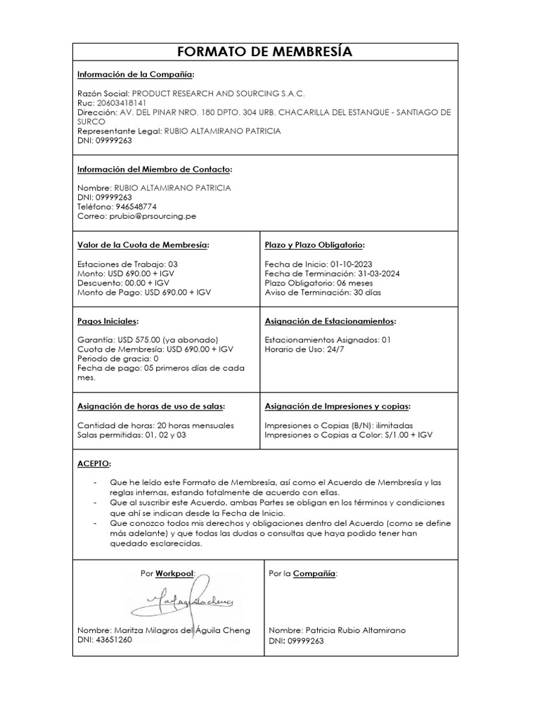 Contrato de Membresía Workpool - PRS | PDF