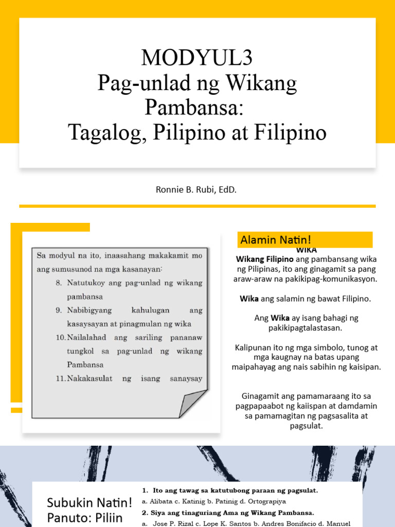 Modyul3 Pag-Unlad NG Wikang Pambansa: Tagalog, Pilipino at Filipino | PDF