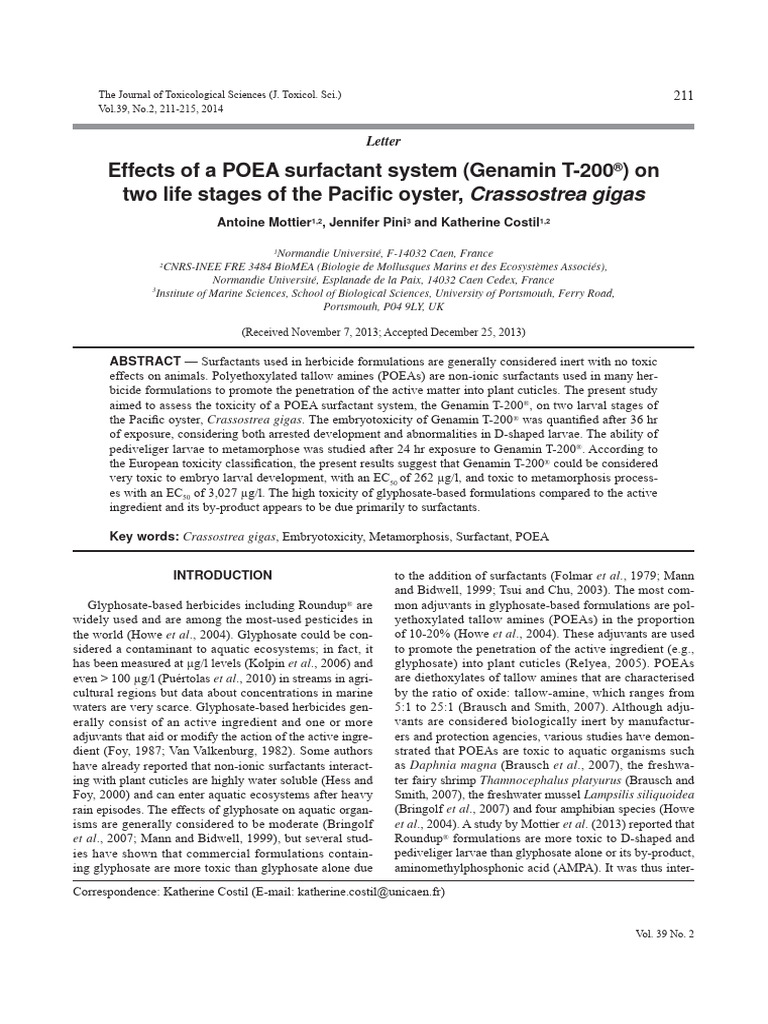 Effects of A POEA Surfactant System (Genamin T-200) On Two Life Stages ...
