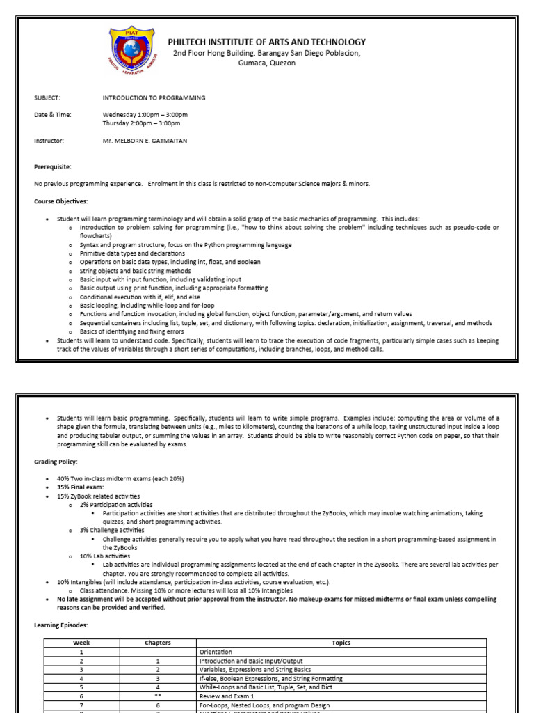 Syllabus For Introduction To Programming Pdf Parameter Computer Programming Computing 3824