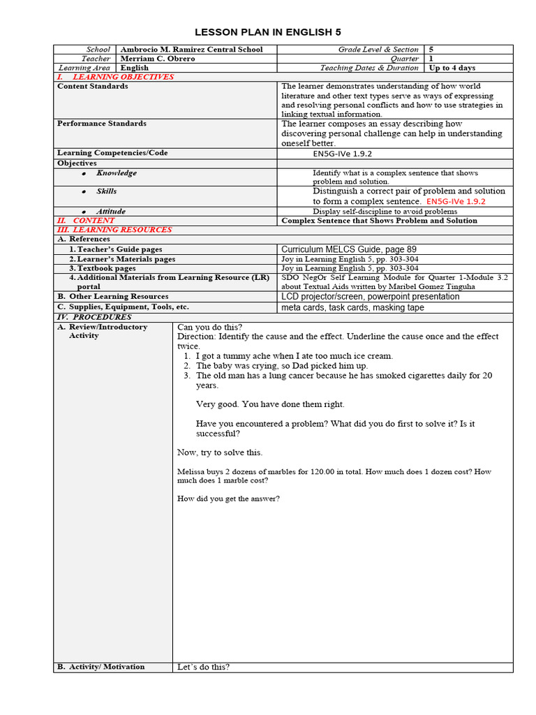 English 5 Quarter 1 Complex-Sentence-that-shows-Problem-and-Solution | PDF English 5 Quarter 1 Complex-Sentence-that-shows-Problem-and-Solution | PDF