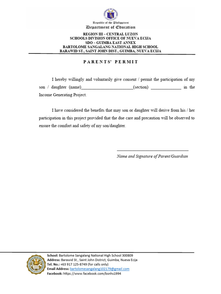 Parents' Permit: Name and Signature of Parent/Guardian | PDF