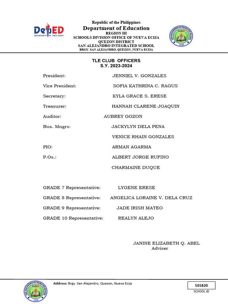 TLE CLUB OFFICERS SY 2023-2024 | PDF