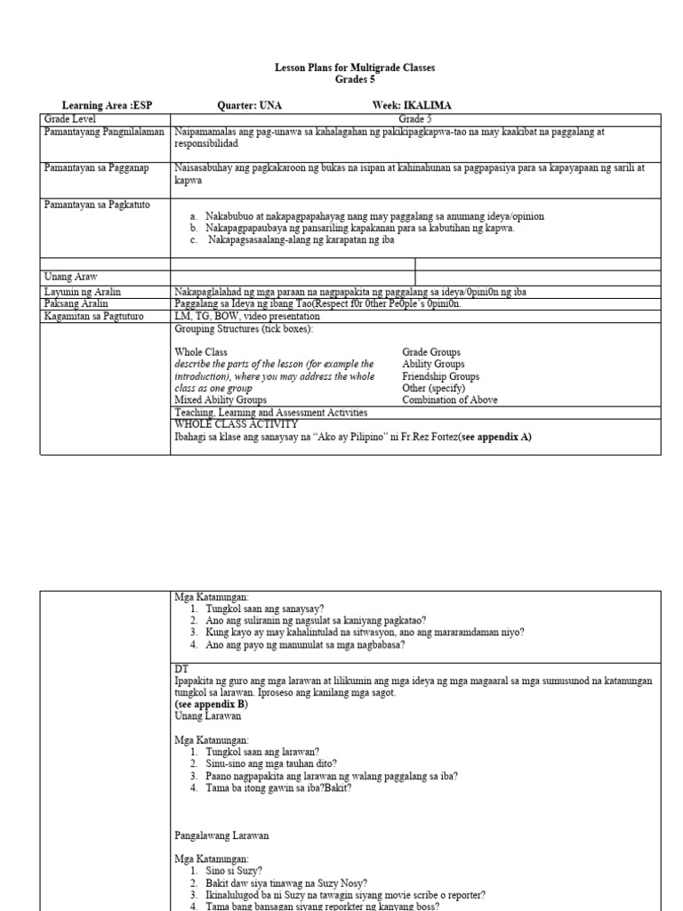 Lesson Plans For Multigrade Classes Grades 5 Learning Area:ESP Quarter: UNA Week: Ikalima | PDF