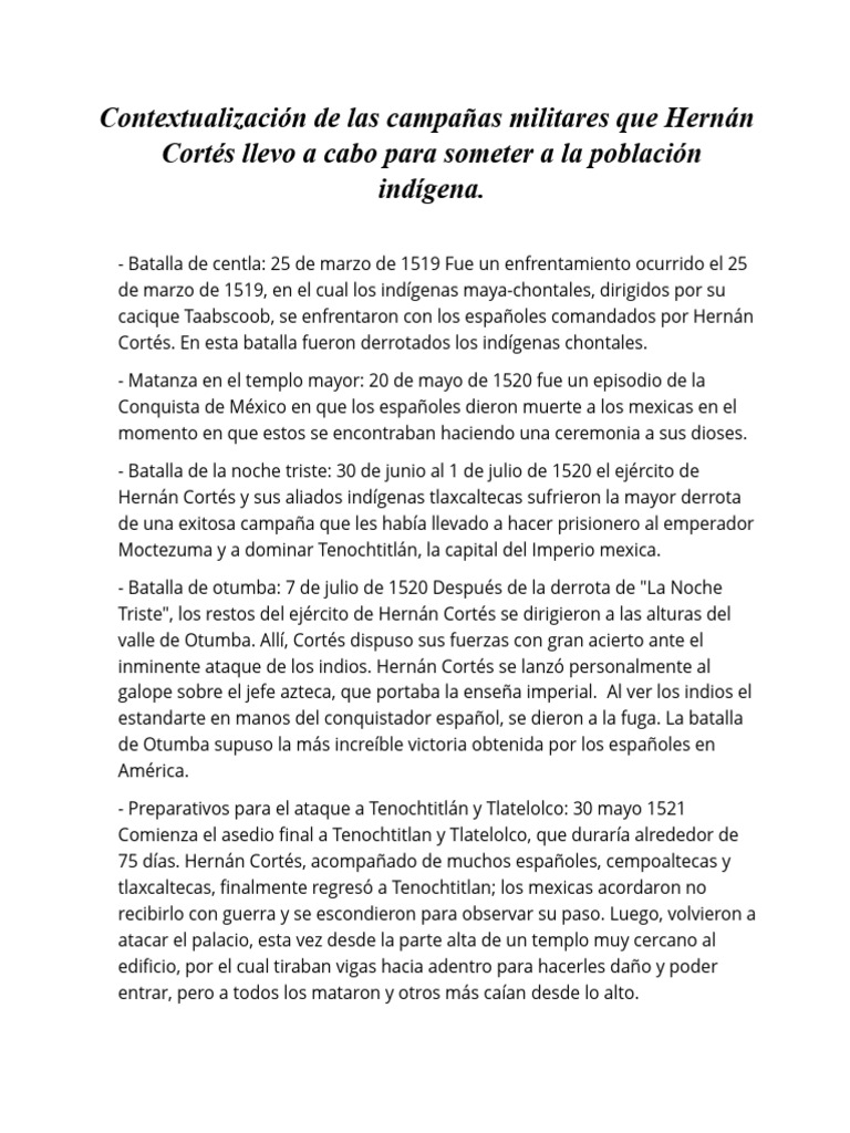 Contextualización de Las Campañas Militares Que Hernán Cortés Llevo A ...