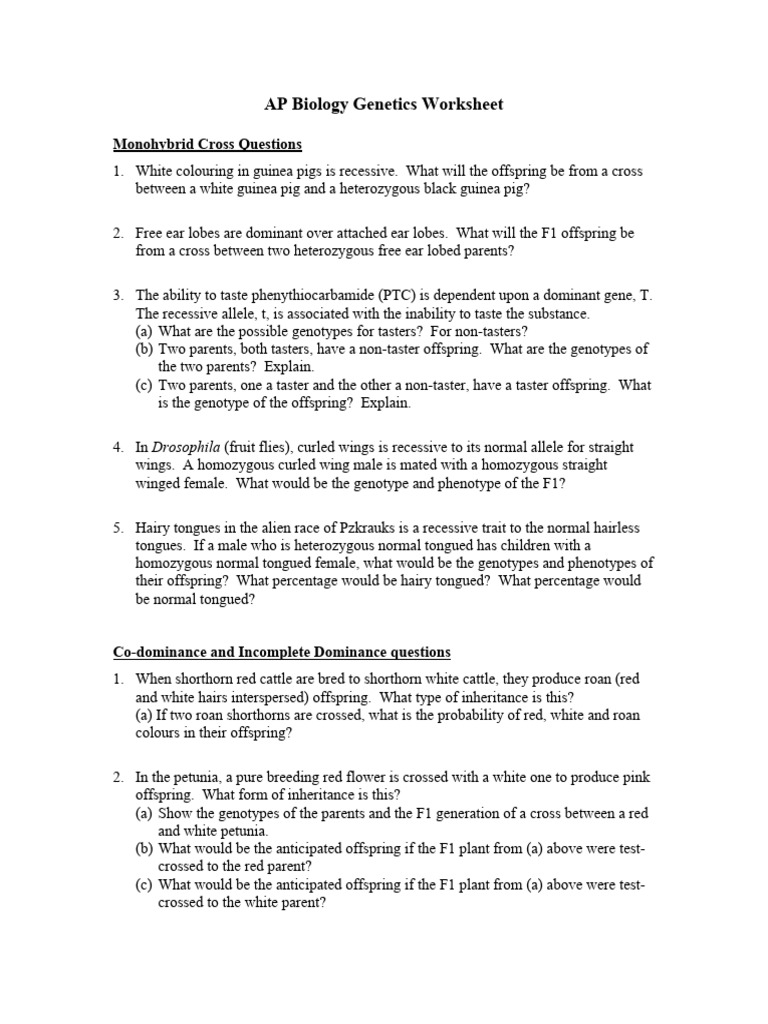 Apgeneticsworksheet 1 | PDF | Dominance (Genetics) | Genotype