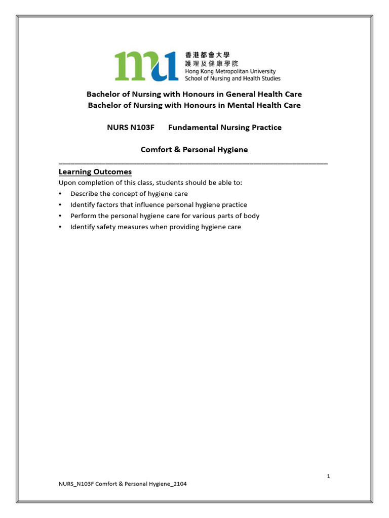 NURSS103F - Comfort and Personal Hygiene - Student Handout - 2021HKMU | PDF NURSS103F - Comfort and Personal Hygiene - Student Handout - 2021HKMU | PDF