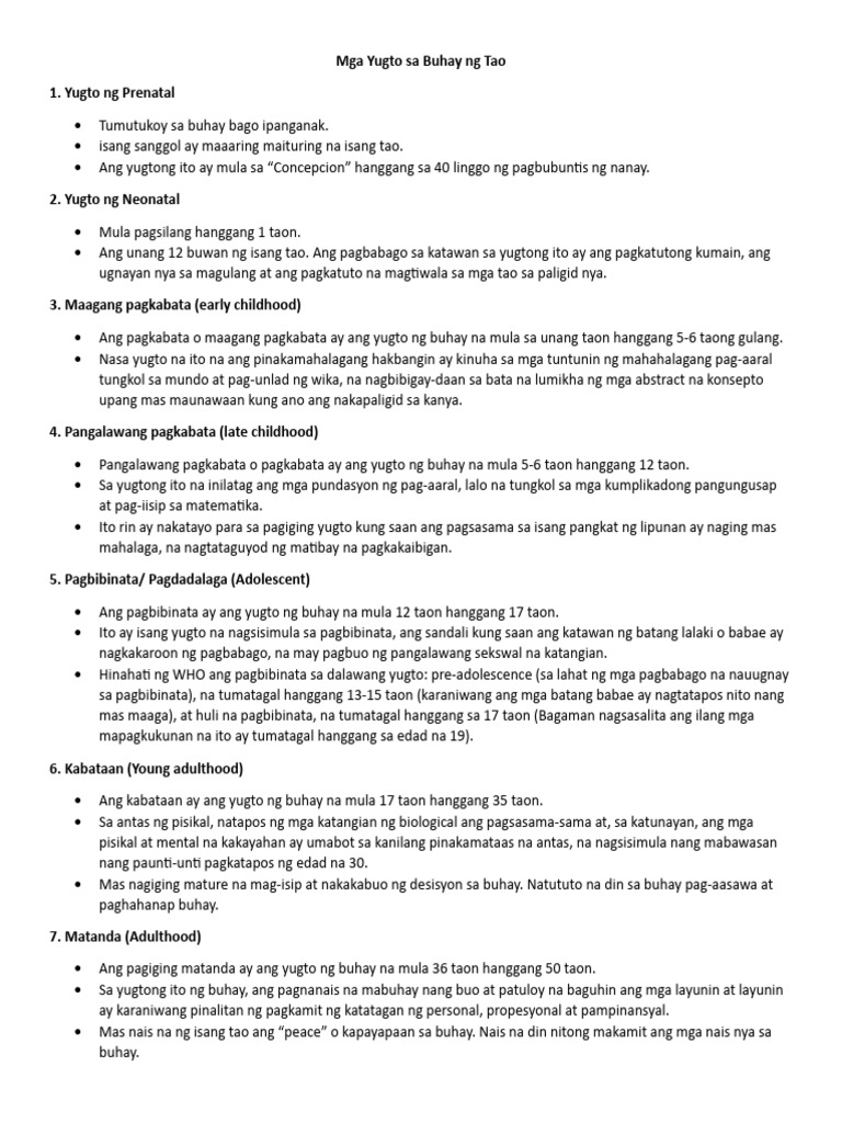 Mga Yugto NG Buhay Esp 7 | PDF