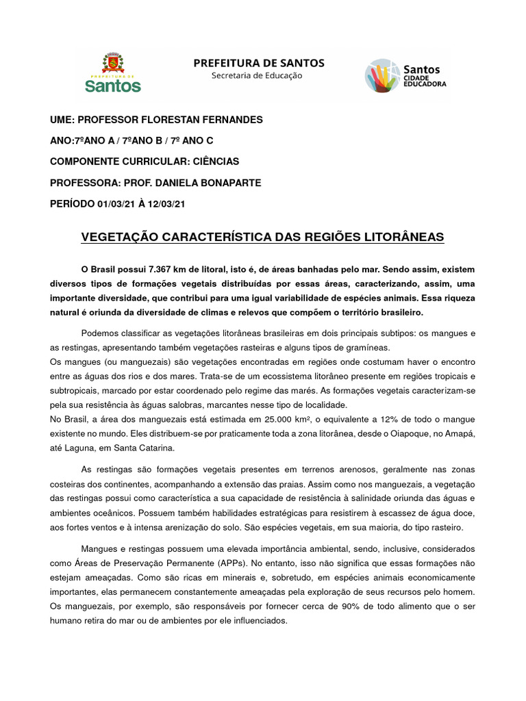 Ativ.3-Vegetacao Caracteristica Das Regioes Litoraneas | PDF