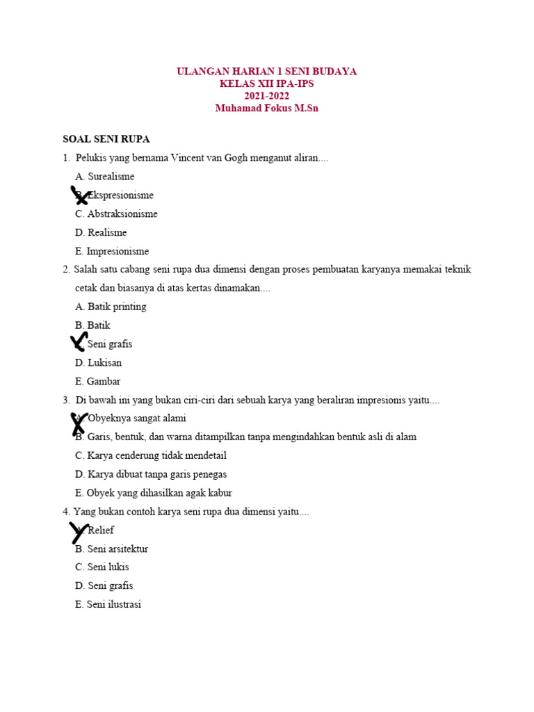 Edited - Uh 1 - Seni Budaya - Kelas Xii Ipa - Ips - 20201 | PDF