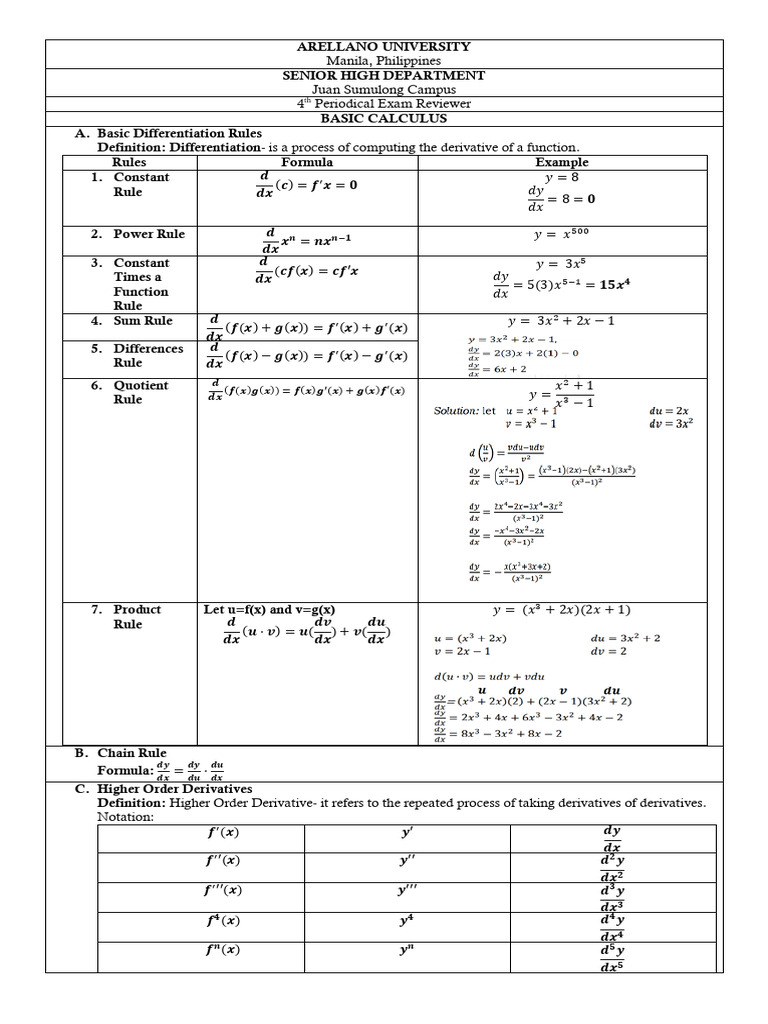 Basic Calculus Reviewer 4th 1 Pdf Derivative Integral