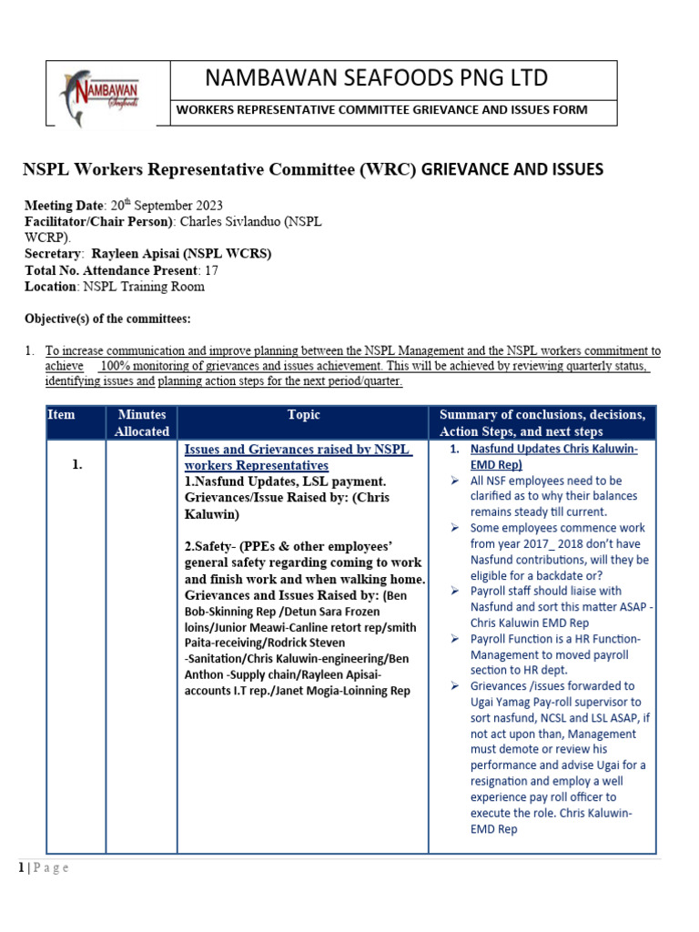 NSPL WRC Grievances and Issues For Sept-2023 | PDF