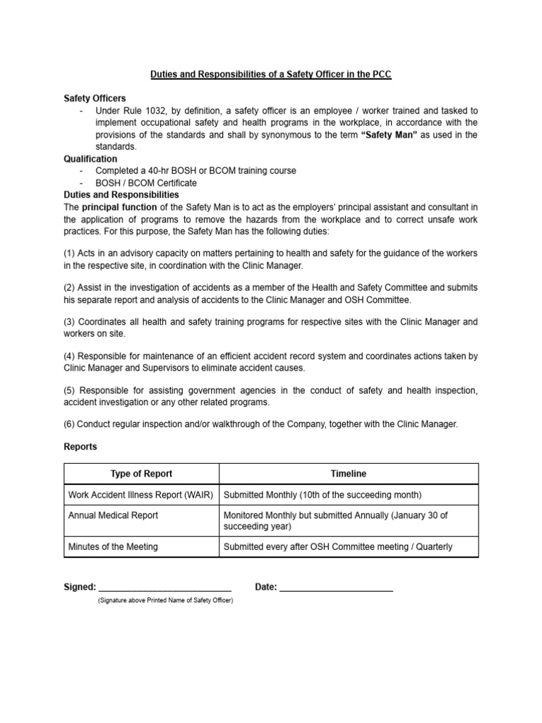 Safety Officer Duties in PCC | PDF