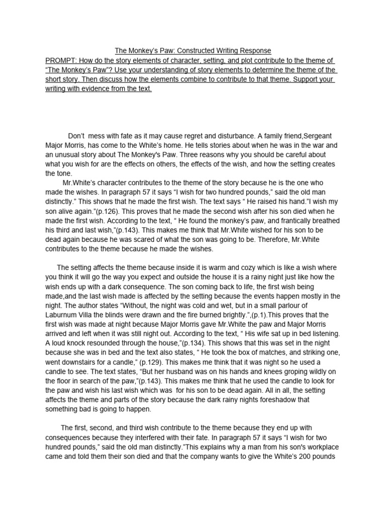 Linda Ponce - The Monkey's Paw - Constructed Writing Response | PDF ...