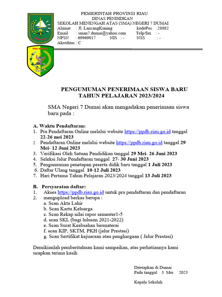 Pengumuman Penerimaan Siswa Baru Tahun Pelajaran 2023 | PDF