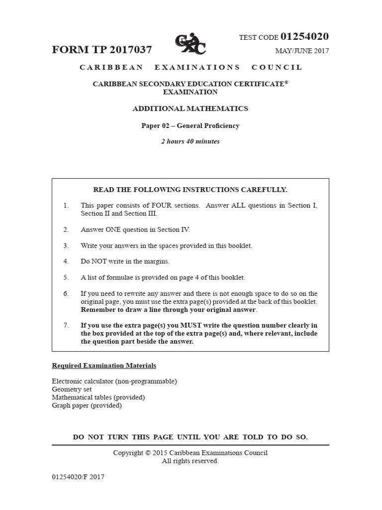 CSEC Additional Mathematics June 2017 P2 | PDF | Acceleration | Area