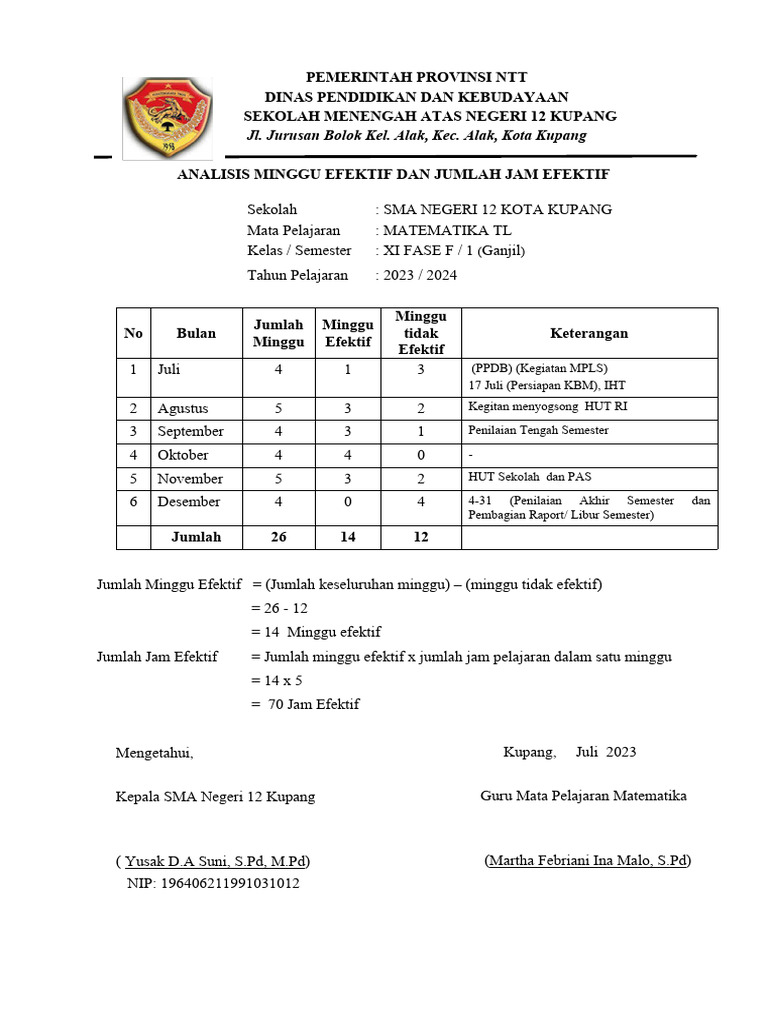 Analisis Minggu Efektif MTK TL | PDF