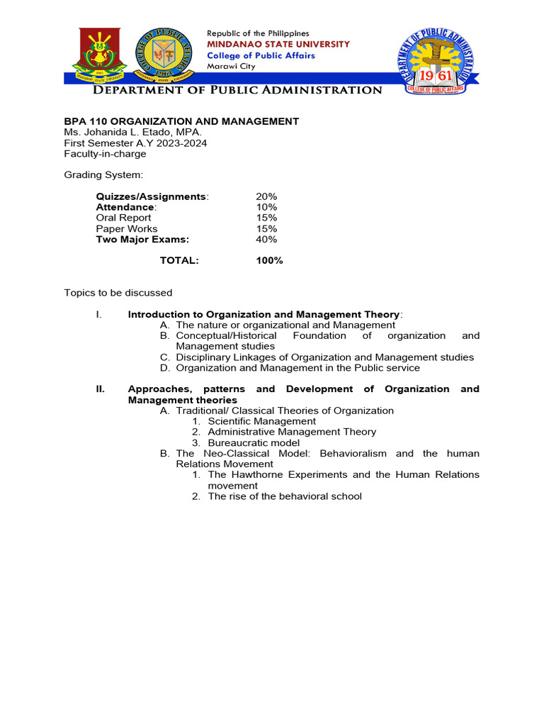 BPA 110 Syllabus: Org & Management | PDF