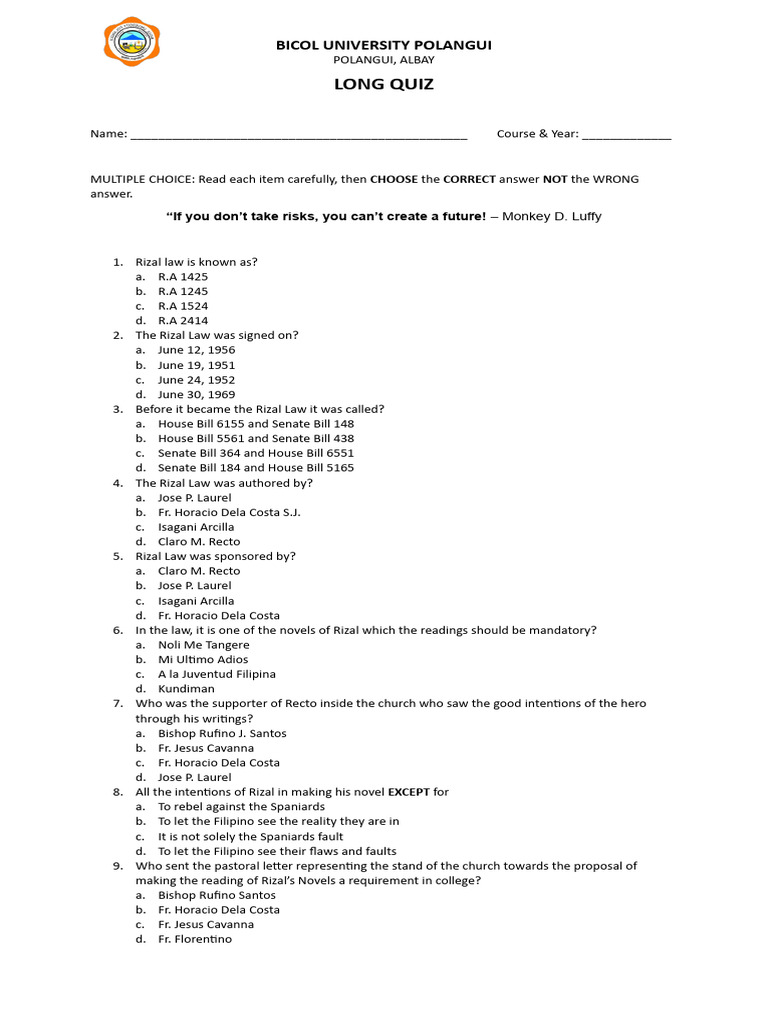 Long Quiz in Rizal | PDF | Philippines