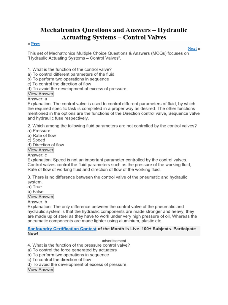 Mechatronics Questions and Answers - Hydraulic Actuating Systems ...