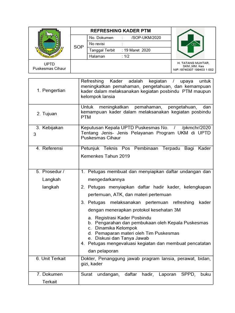 Sop Refreshing Kader PTM | PDF