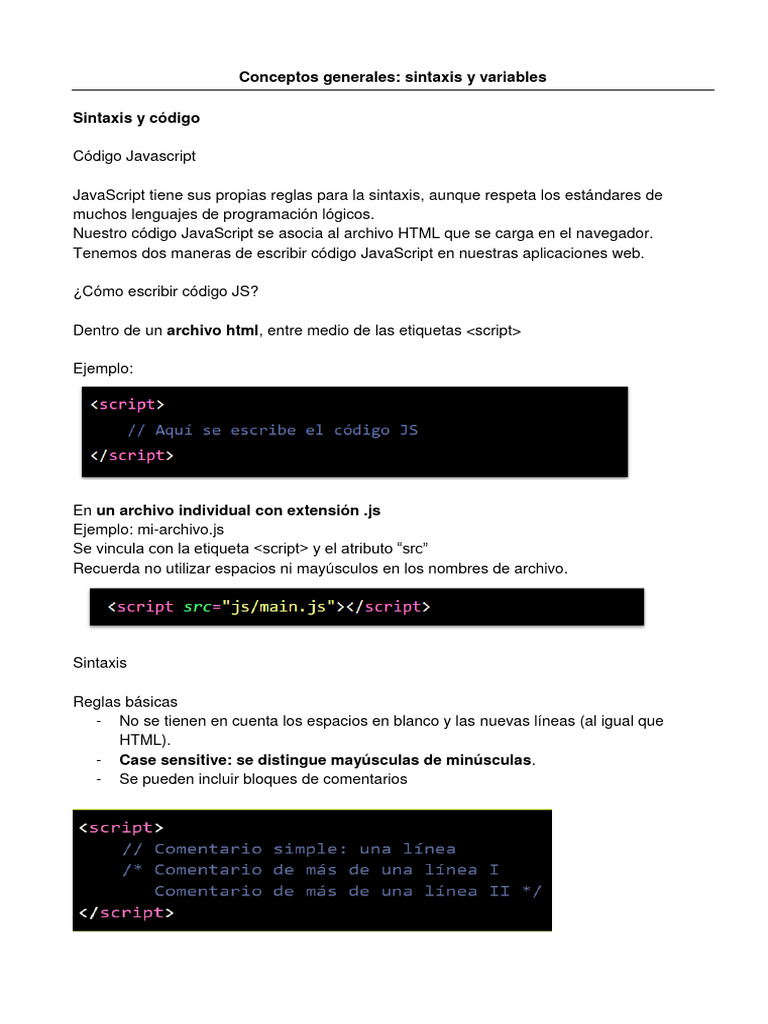 1 Conceptos Generales Sintaxis Y Variables Pdf Script Java Html 
