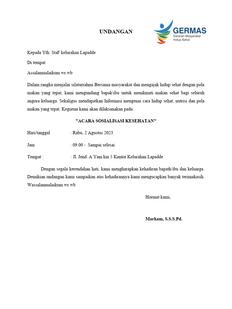 Surat Undangan Sosialisasi Germas | PDF