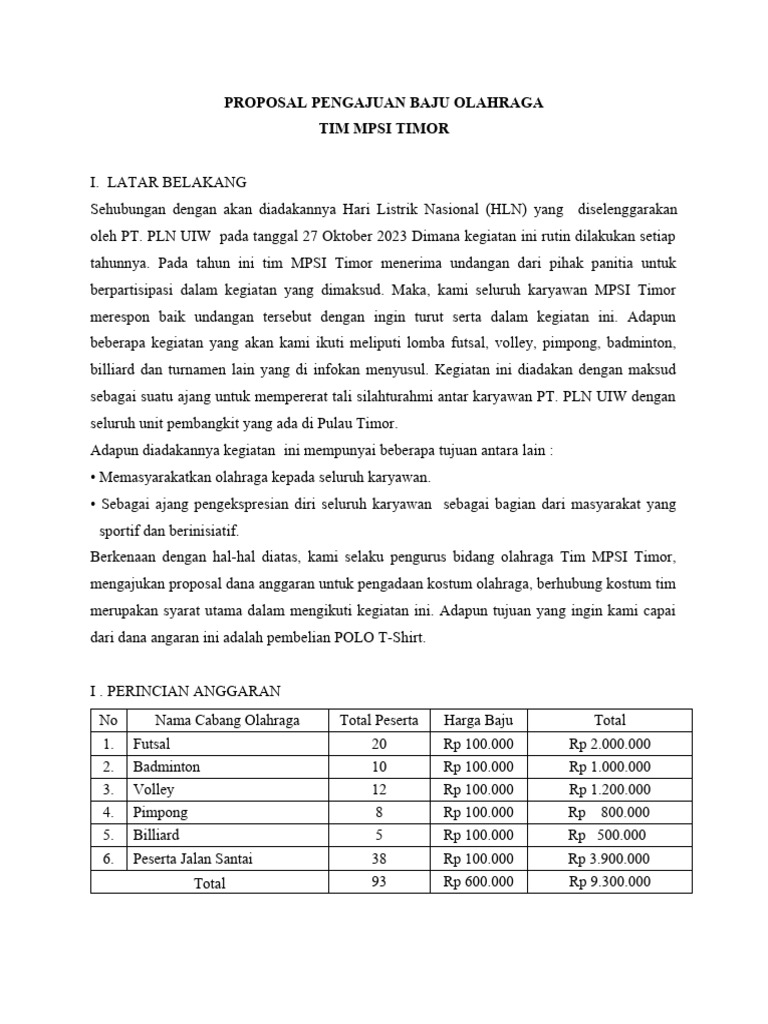 Proposal Pengajuan Baju Olahraga | PDF