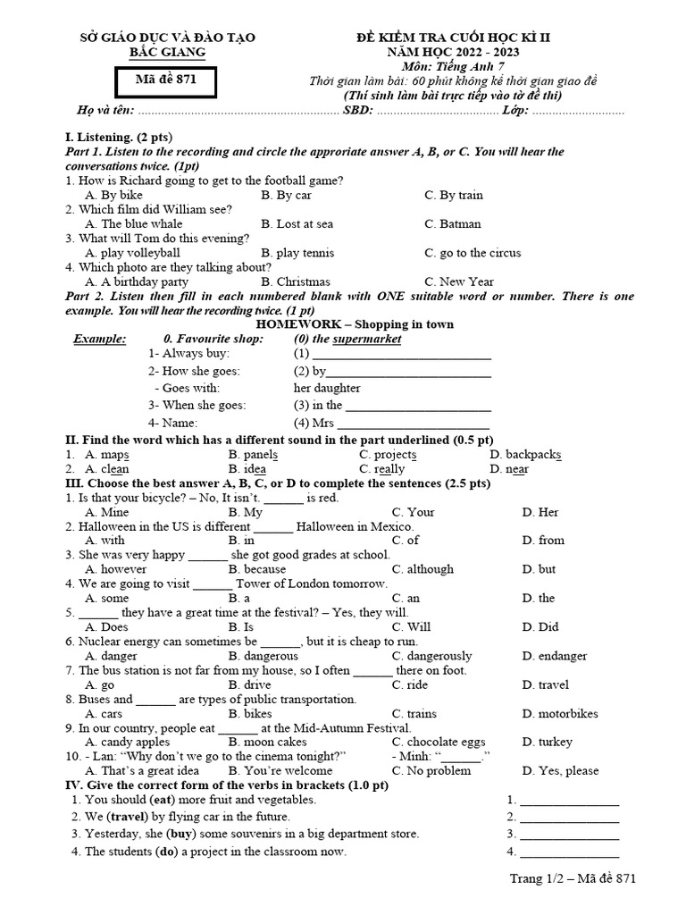 Tiếng Anh 7 - HK2 - 2022-2023 - Mã đề 871 | PDF