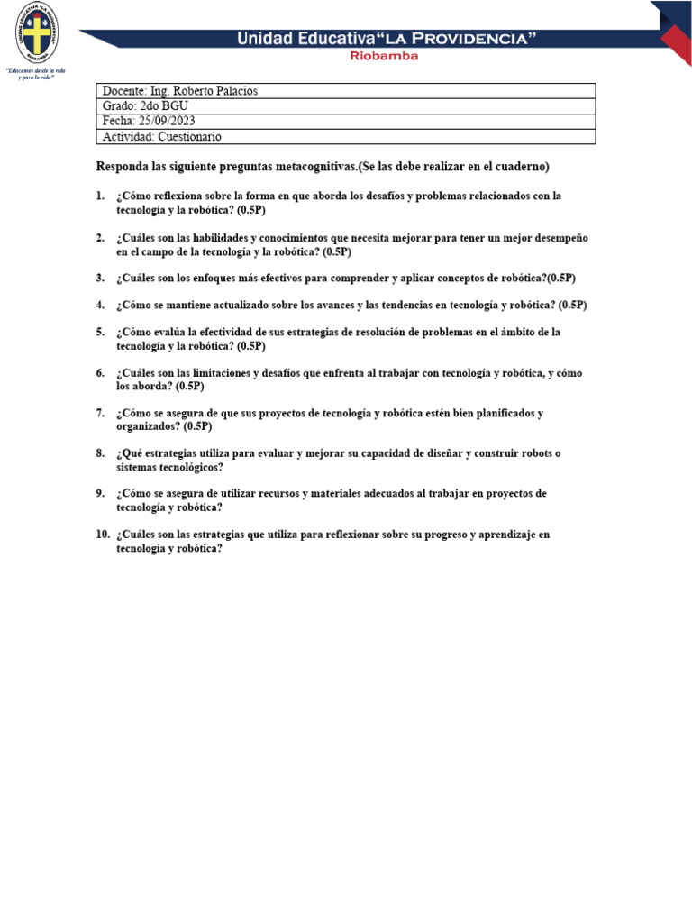 Actividad Robótica 2do BGU | PDF