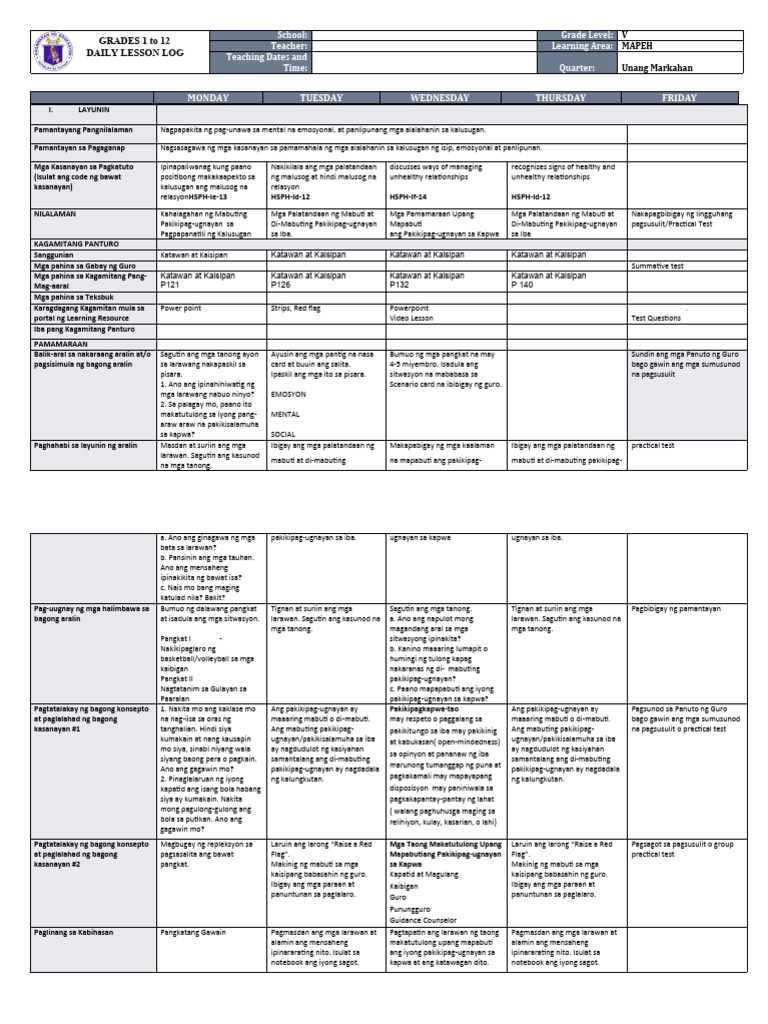 DLL MAPEH-5 Q1-W5Health | PDF