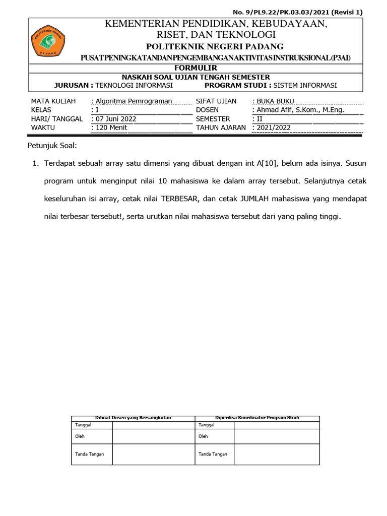 Naskah Soal UTS Alpro Semester II | PDF | Bisnis | Seni